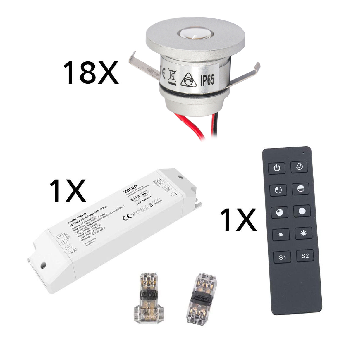 18er Basis Funk-Set 1W Mini-Einbauspot inkl. Fernbedienung und 40W LED ...