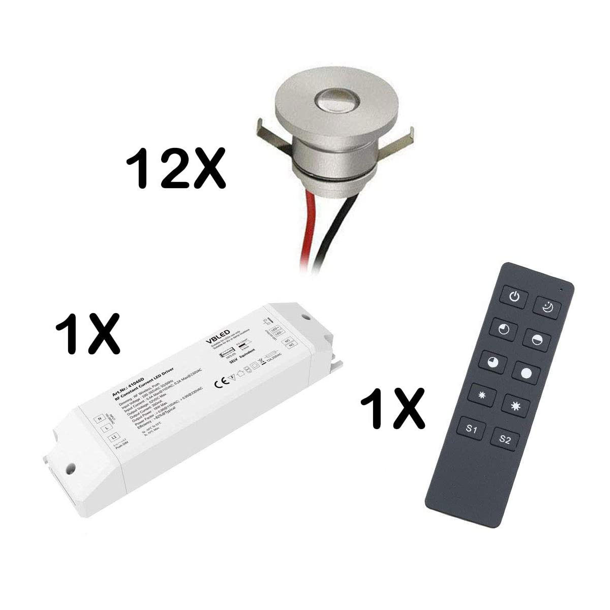 12-er Set 1W LED Aluminium Mini Einbaustrahler warmweiß mit RF Funk ...